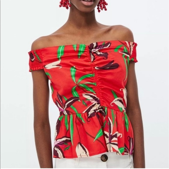 Zara | Tops | Zara Red Top Crop Floral Offshoulder Xs | Poshmark